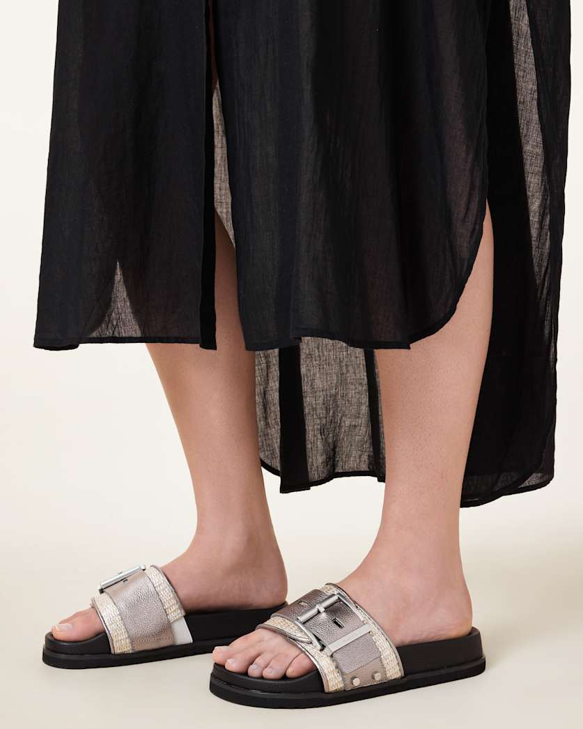 Ellie Studded Buckle Leather Sliders Silver | ALLSAINTS